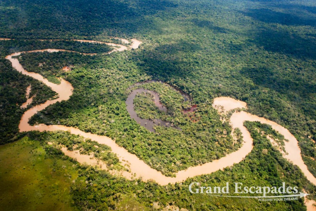 View of the Orinoco River from a plane, East Venezuela, South America ...